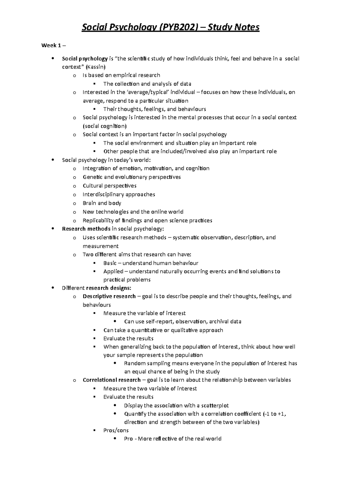 Social Psychology (PYB202) Study Notes - Week 1 – Social psychology is ...