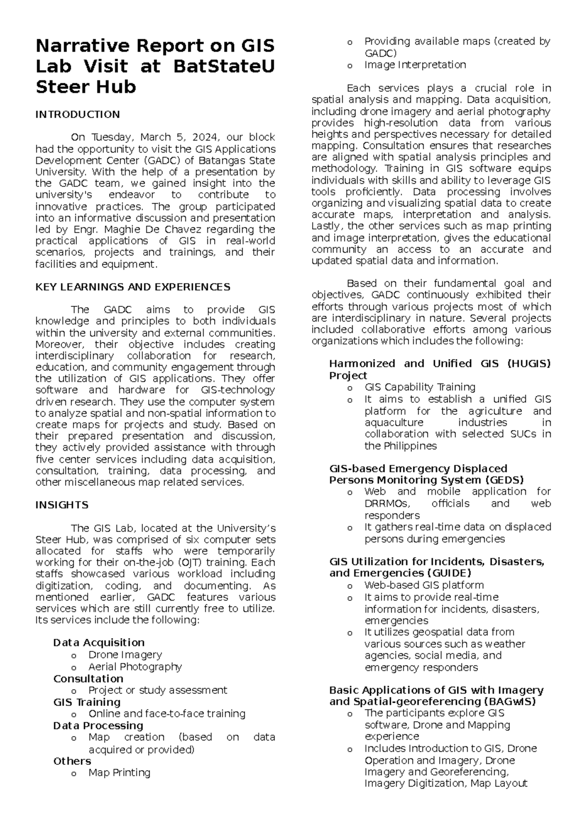 Narrative Report on GADC - Narrative Report on GIS Lab Visit at ...