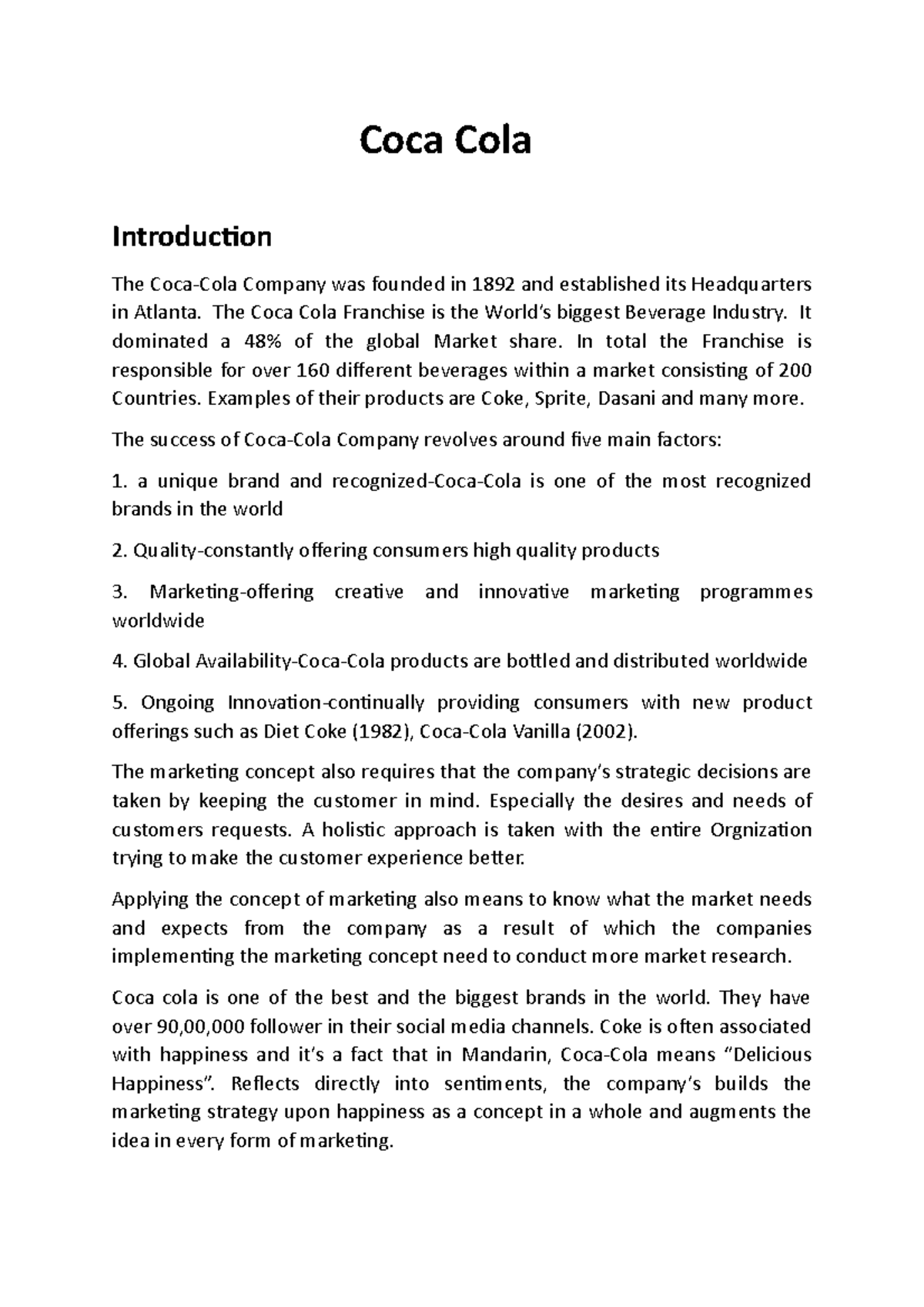 Coca Cola word - Mandatory - Coca Cola Introduction The Coca-Cola ...