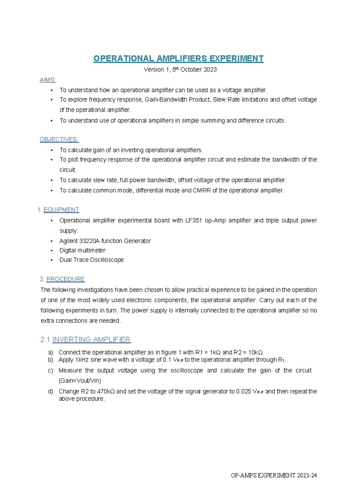 Opamp 1 23&24 v1 - Lab Practical - OP-AMPS EXPERIMENT 2023- OPERATIONAL ...