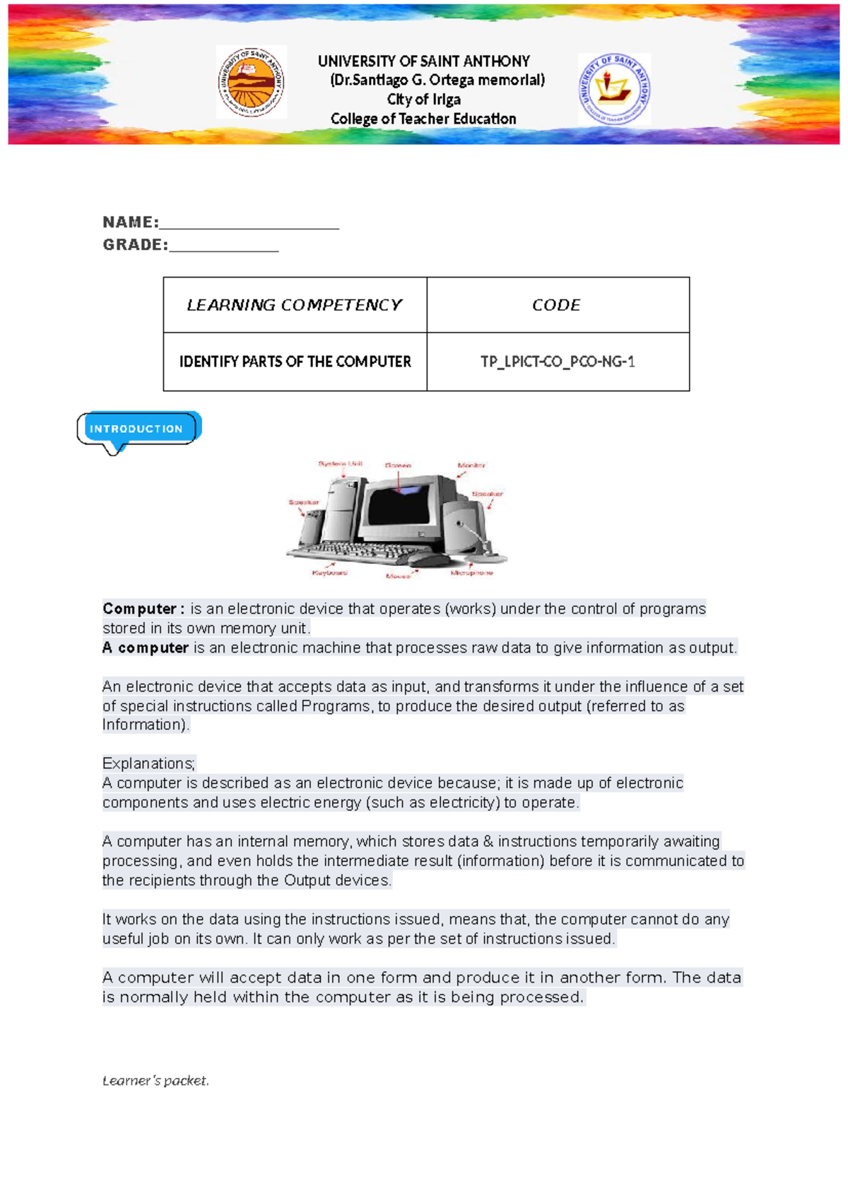 Learners Packet. Parts OF Computer - ####### (Dr G. Ortega memorial ...