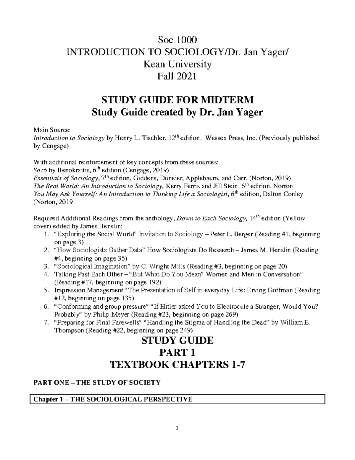 Soc1000-Study Guide- Midterm-Chapters 1-7-Readings-Kean-Fall2021 - Soc ...