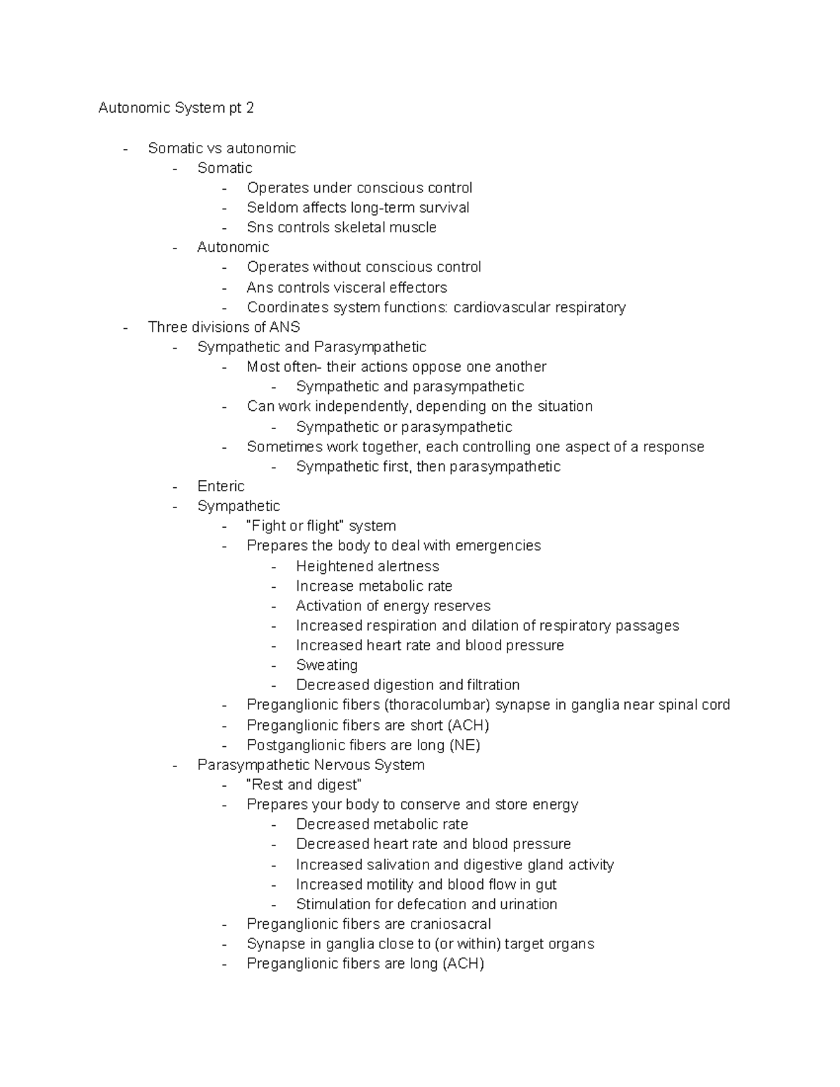 BIO 285 ANS pt 2 - Notes for Autonomic Nervous System. Prof. Fink ...