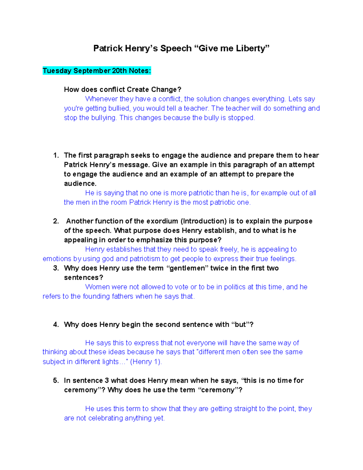 "Give me liberty, or give me Death" Study Guide - Patrick Henry’s ...