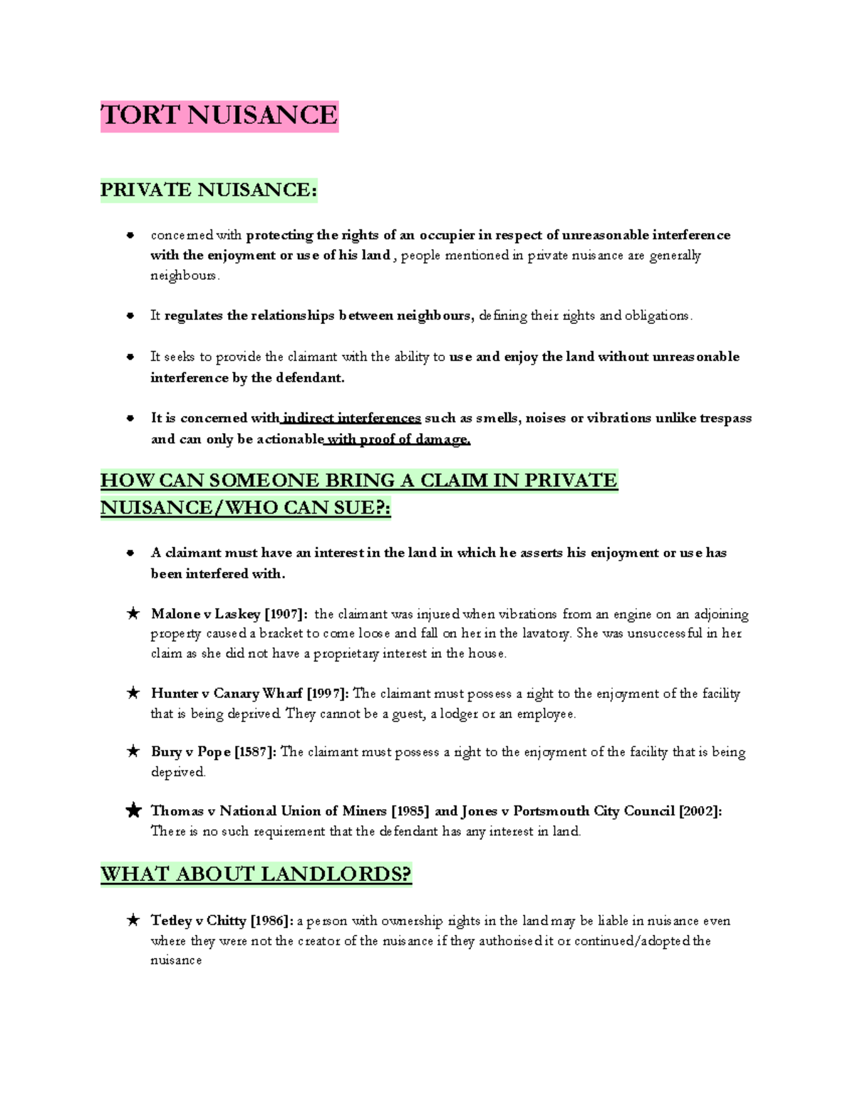 Nuisance - TORT NUISANCE PRIVATE NUISANCE: concerned with **protecting ...