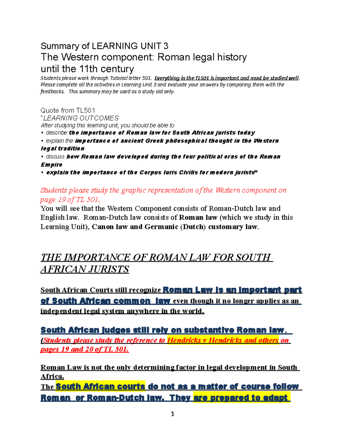 Summaryof Learning Unit 3 - Summary of LEARNING UNIT 3 3 The Western component: Roman legal ...