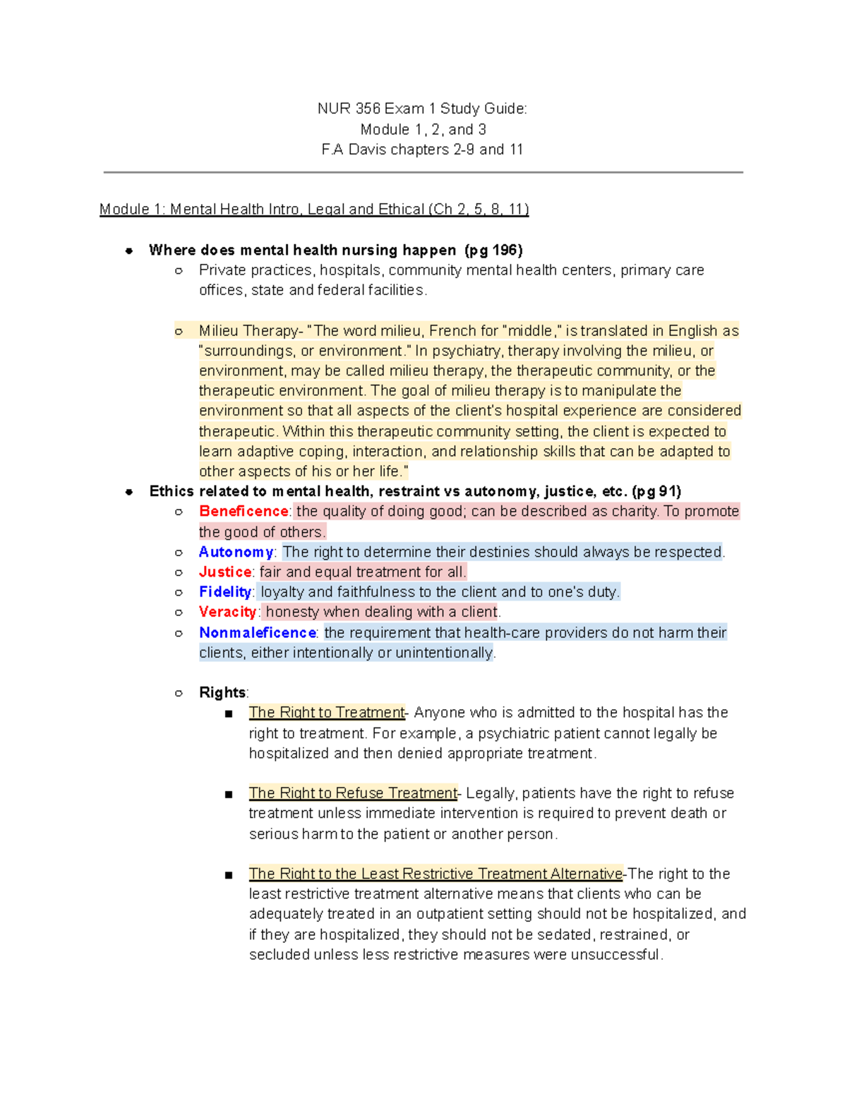 NUR 356- Mental Health Exam 1 - NUR 356 Exam 1 Study Guide: Module 1, 2 ...