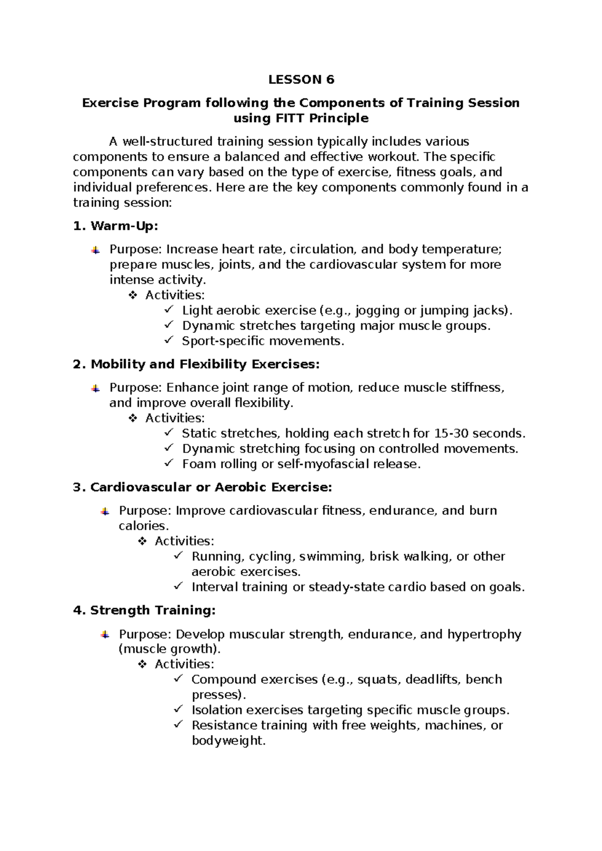 bped 3 lesson 6 - LESSON 6 Exercise Program following the Components of ...
