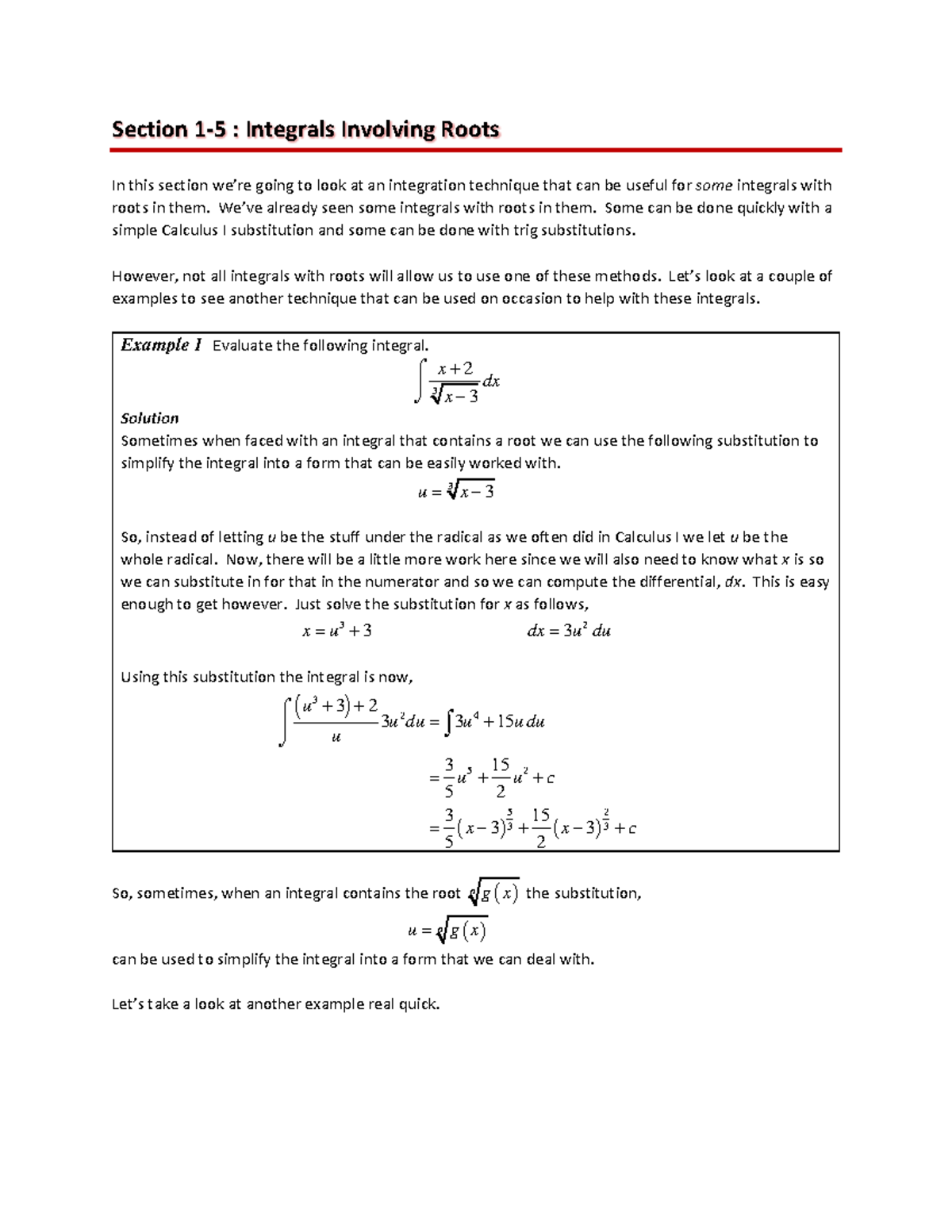 Calc Ii Int With Roots Lecture Notes 4 Warning Tt Undefined Function 32 Section 1 5