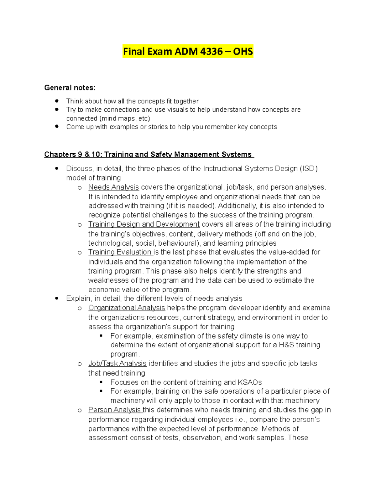 Final Exam Review - Final Exam ADM 4336 – OHS General notes: Think ...