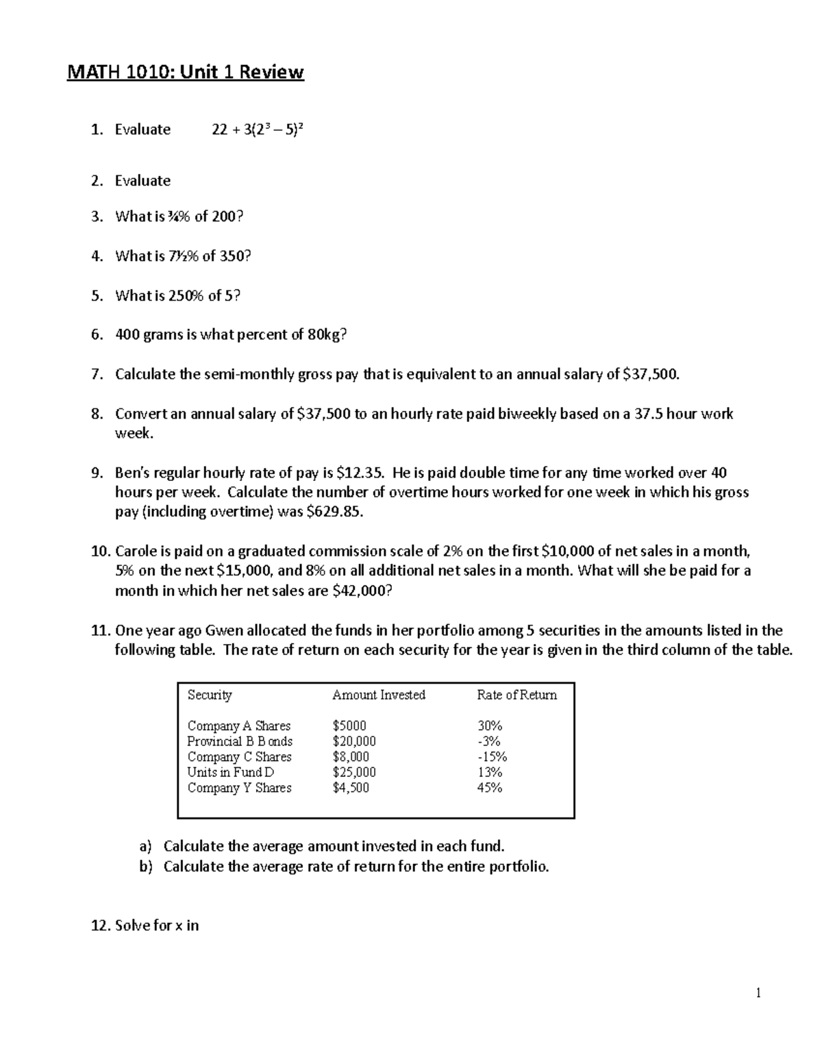 Math 1010 Unit 1 Review - good - MATH 1010: Unit 1 Review 1. Evaluate 22 + 3(2 3 – 5) 2 2 ...