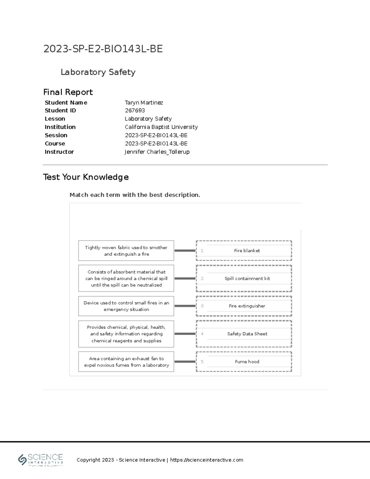 Final Report - Lab Safety - Bio Lab - Student Name Taryn Martinez ...