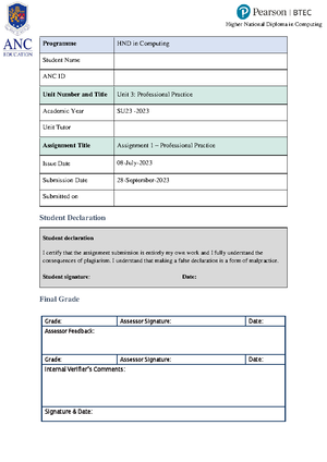 Programming Assessment - Student Declaration Student declaration I certify that the assignment ...
