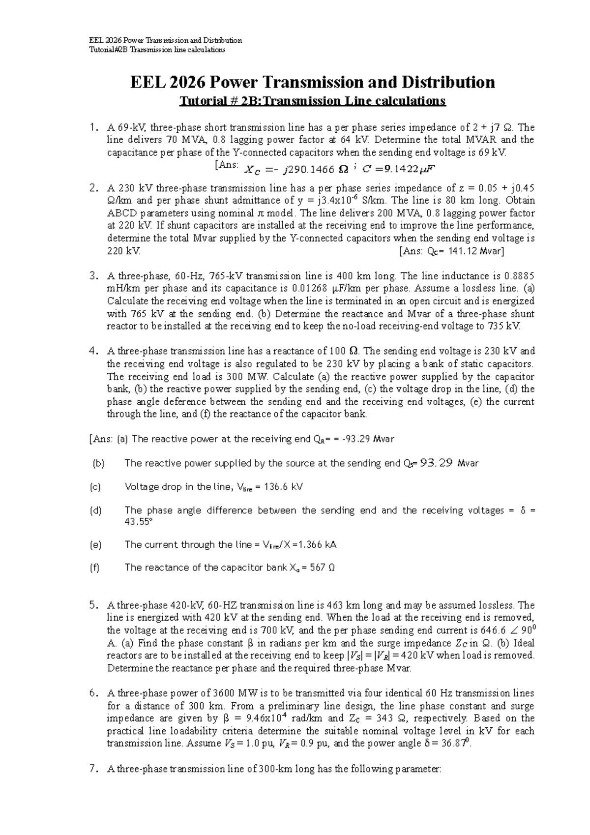 EEL2026 Tut-2B Transmission Line - EEL 2026 Power Transmission and ...