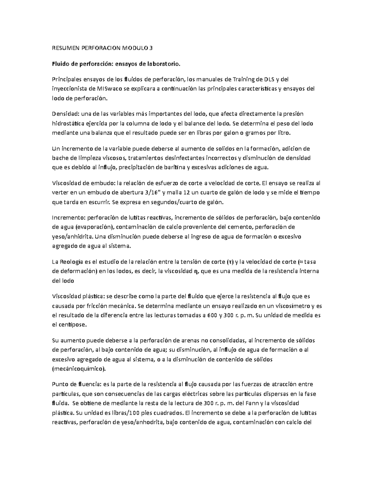 Resumen Perforacion Modulo 3 y 4 docx - RESUMEN PERFORACION MODULO 3 Fluido de perforación ...