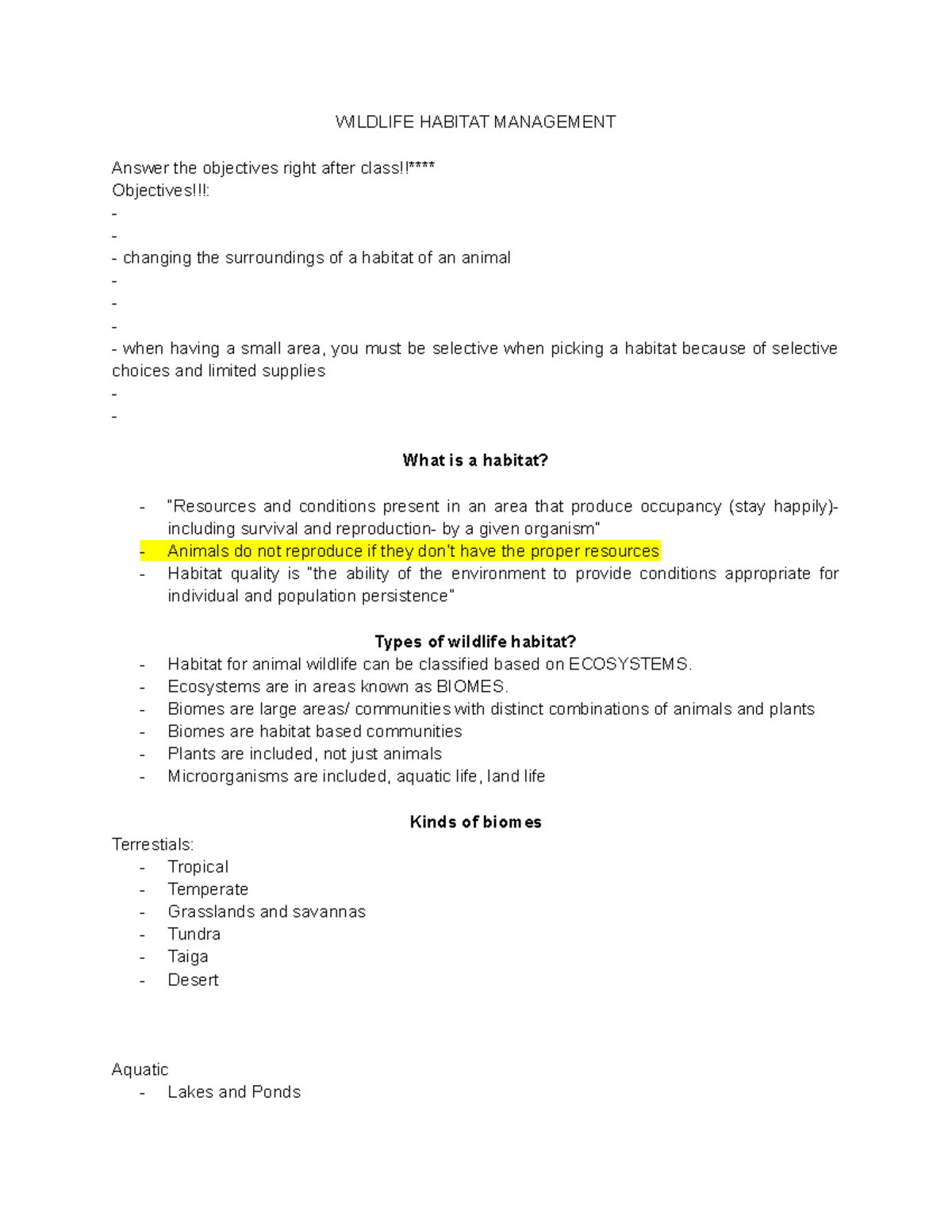 Wildlife week 2 - Lecture notes 2 - WILDLIFE HABITAT MANAGEMENT Answer ...