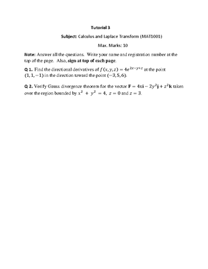 Calculus and laplace transform practice questions - Assignment 1 Subject: Calculus and Laplace ...