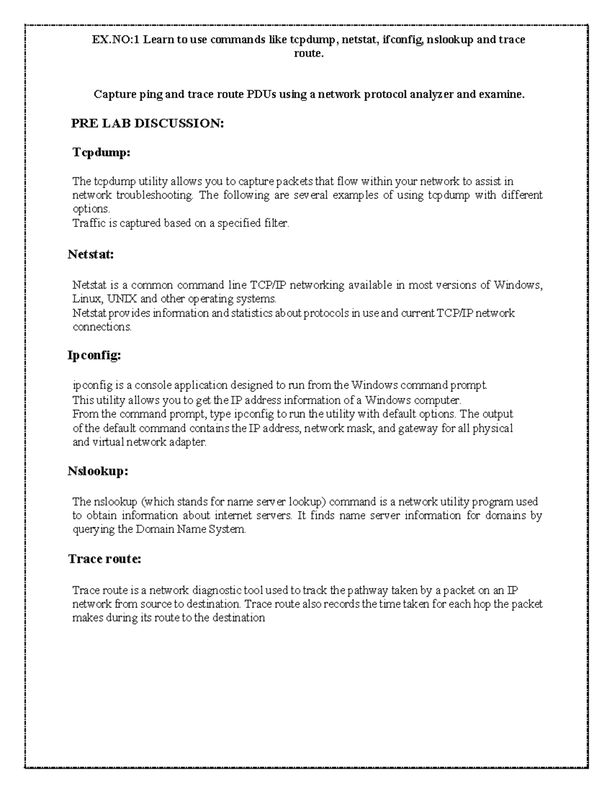 CN LAB FULL Excercise WITH Program AND Output - EX:1 Learn to use commands like tcpdump, netstat ...