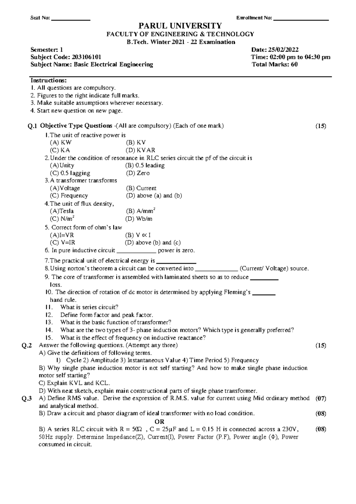 Question Paper daa - Seat No: PARUL UNIVERSITY Enrollment No: FACULTY ...
