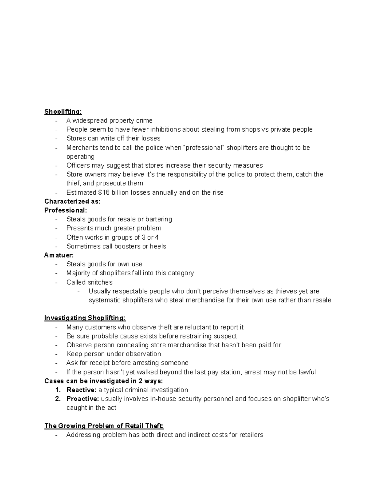 CJ 14 - notes - Shoplifting: - A widespread property crime - People ...