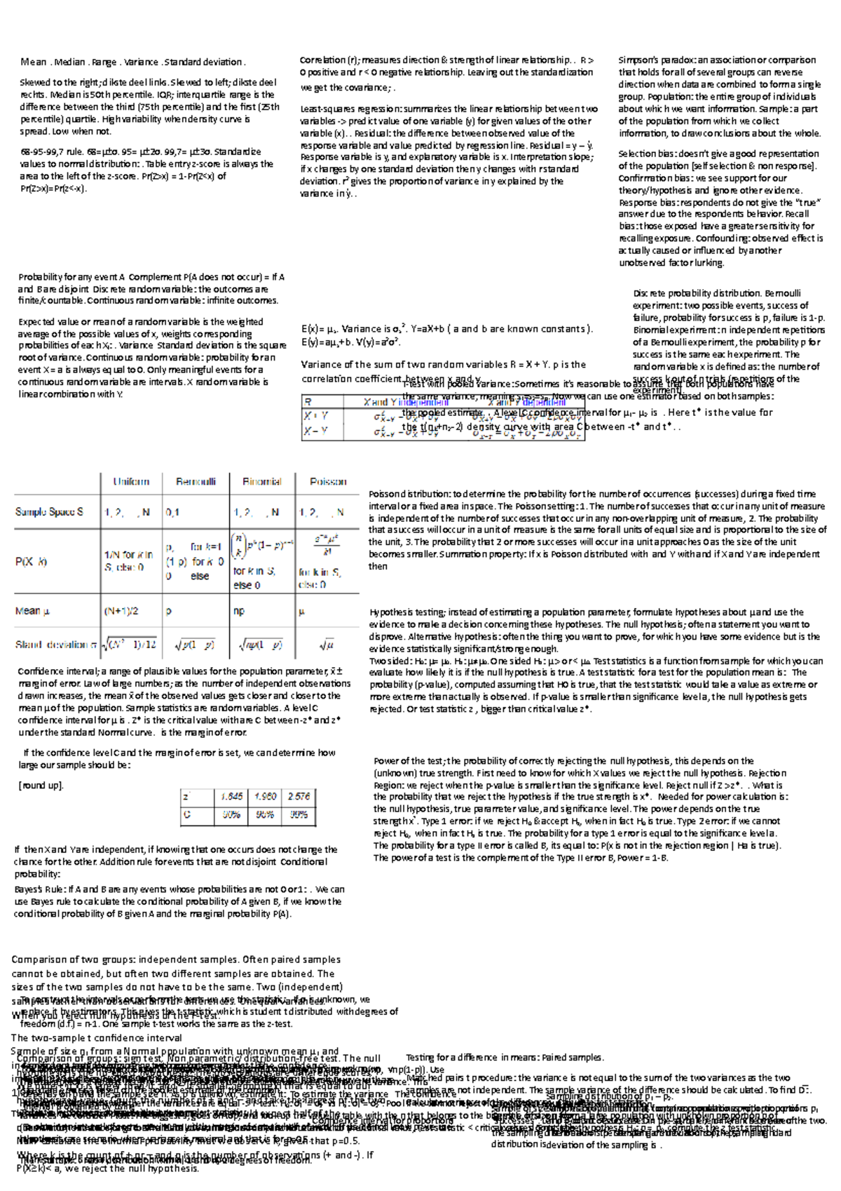 Toegepaste Statistiek Cheat sheet a4 - Correlation (r); measures ...