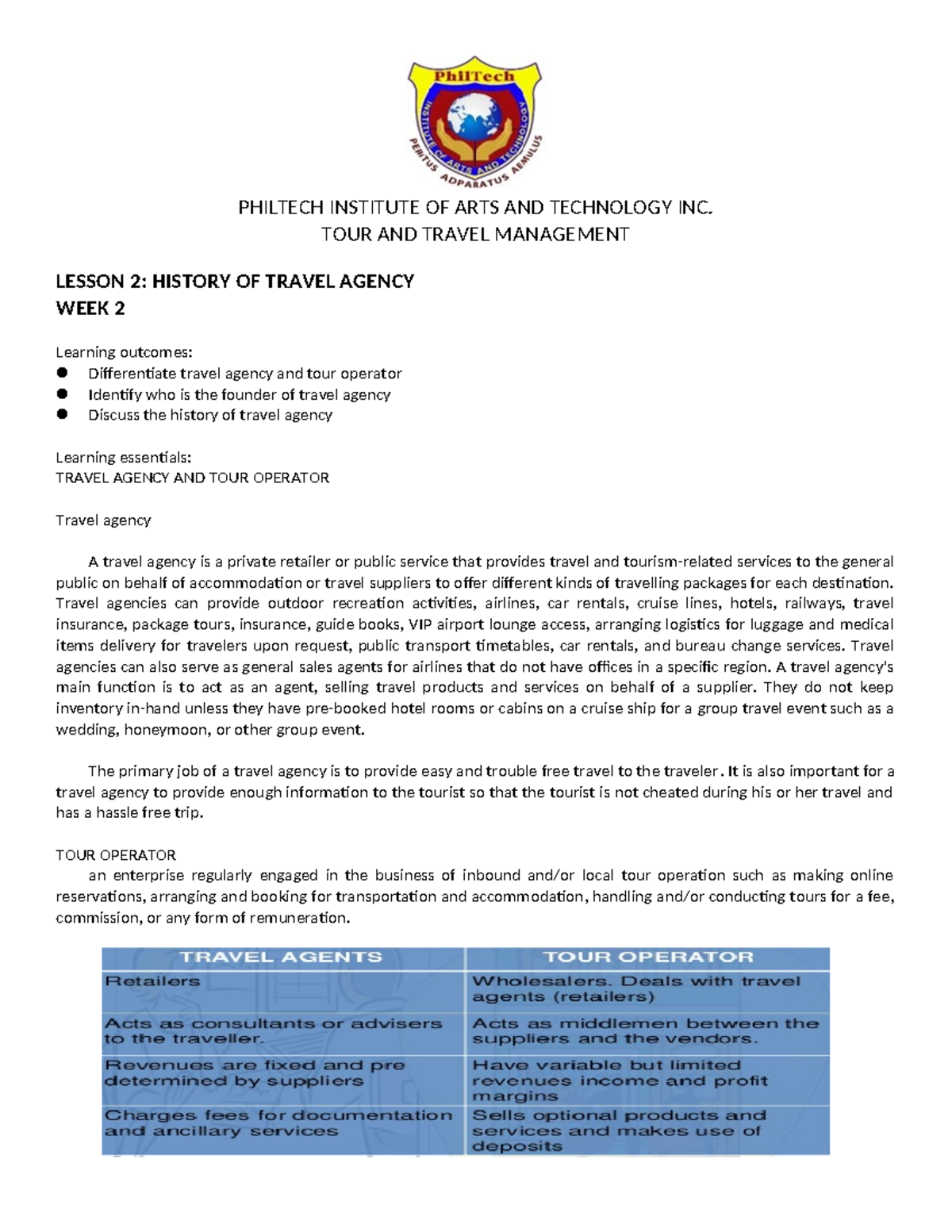 TOUR AND Travel lesson 2 - PHILTECH INSTITUTE OF ARTS AND TECHNOLOGY ...