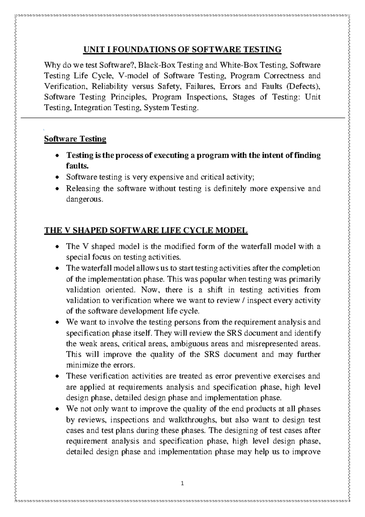 Unit 1 - UNIT I FOUNDATIONS OF SOFTWARE TESTING Why do we test Software ...