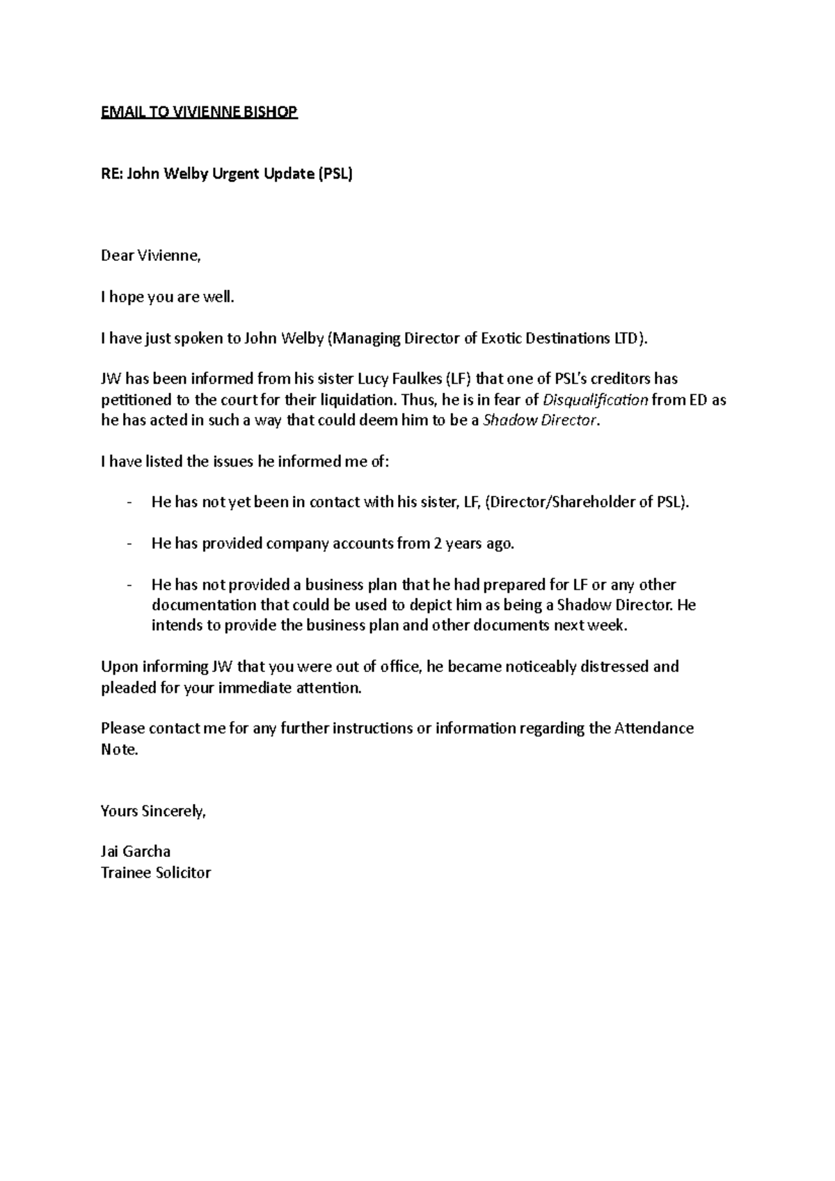 Writing Workshop Task - WS task - EMAIL TO VIVIENNE BISHOP RE: John ...