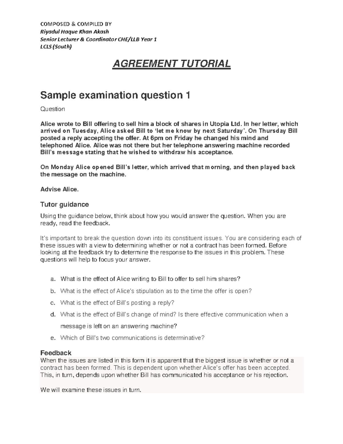 Agreement Tutorial - Sample question and answer - Riyadul Haque Khan ...