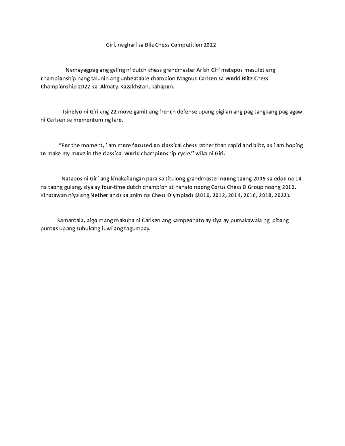 Sports-writing-chess - Giri, naghari sa Bliz Chess Competition 2022 ...