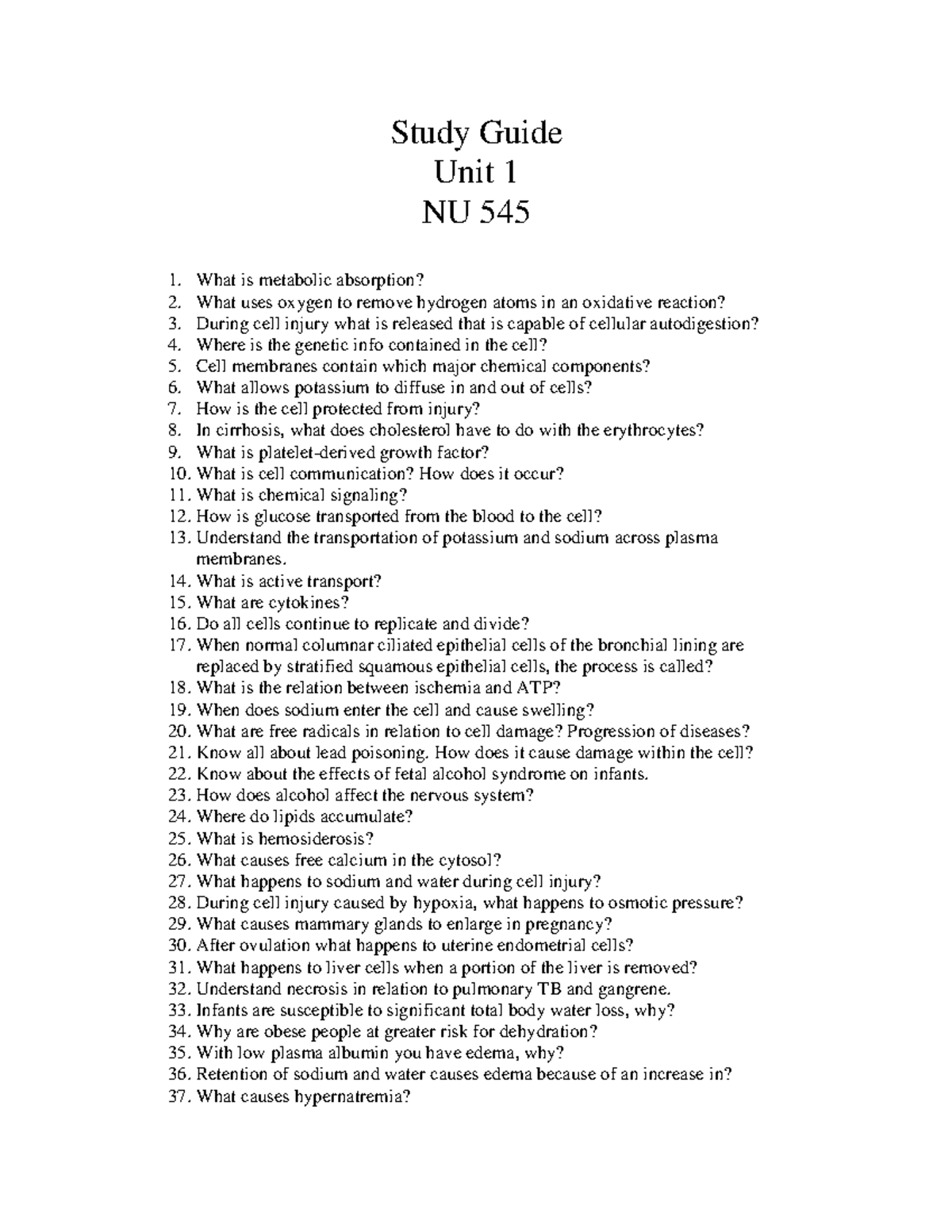 NU545 Unit 1 Study Guide - Study Guide Unit 1 NU 545 What is metabolic ...