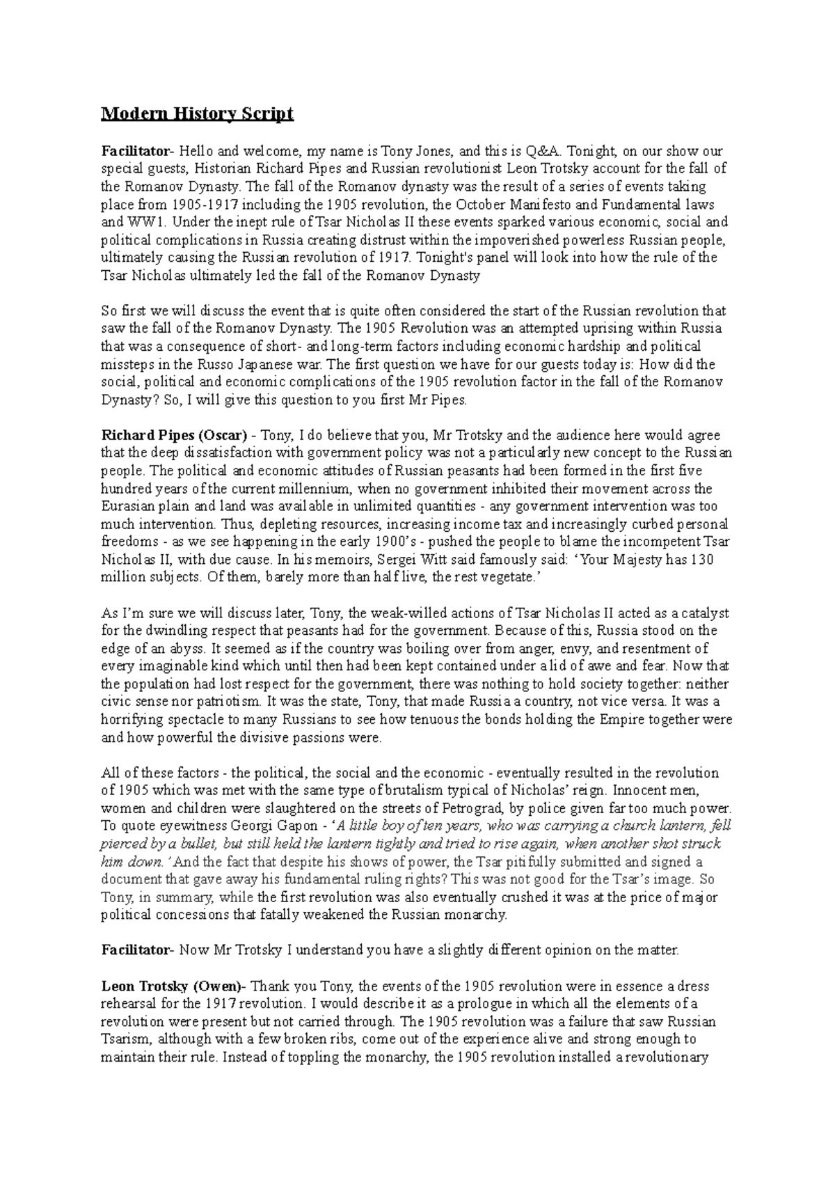 Modern History Script - Modern History Script Facilitator- Hello and ...