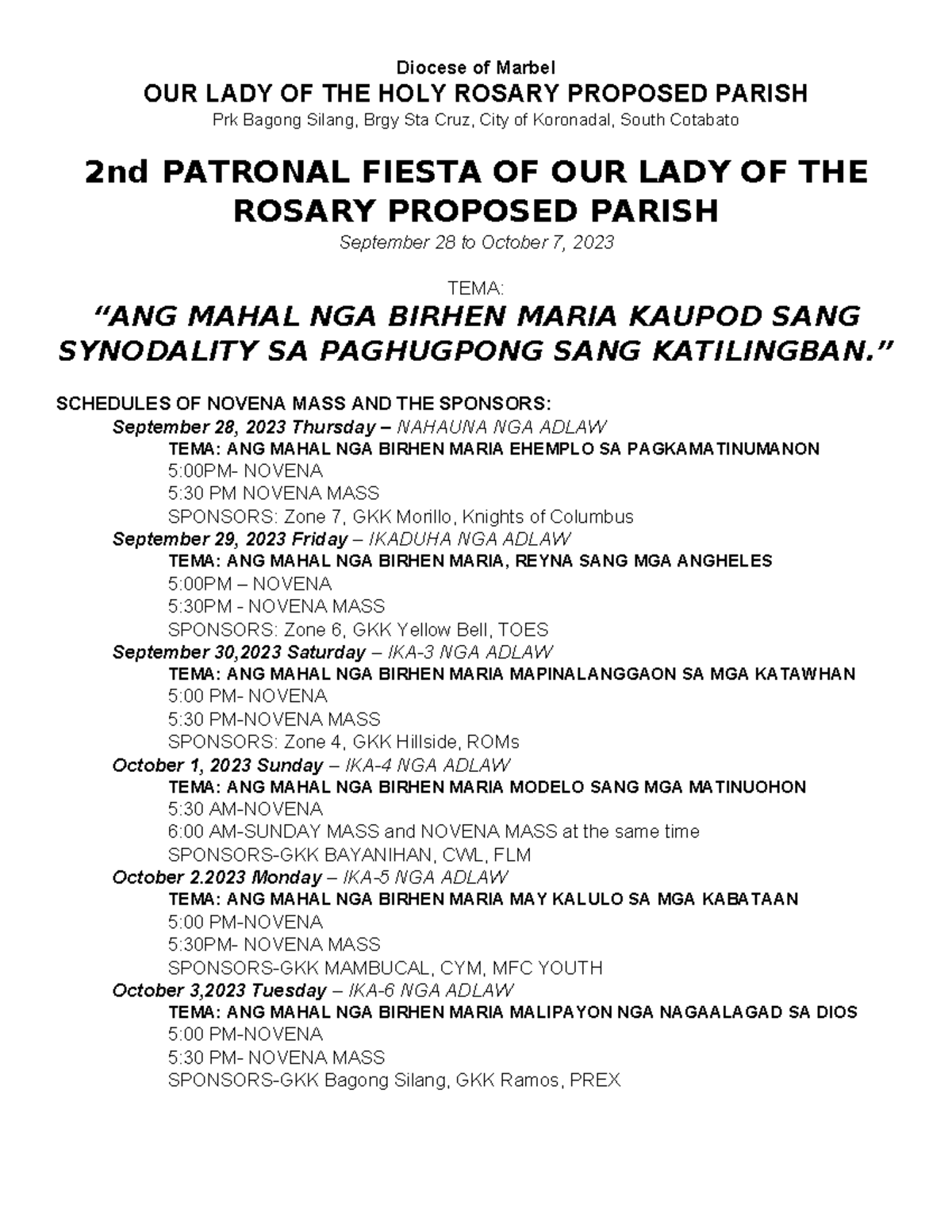 Proposed parish - SAMPLE - Diocese of Marbel OUR LADY OF THE HOLY ...