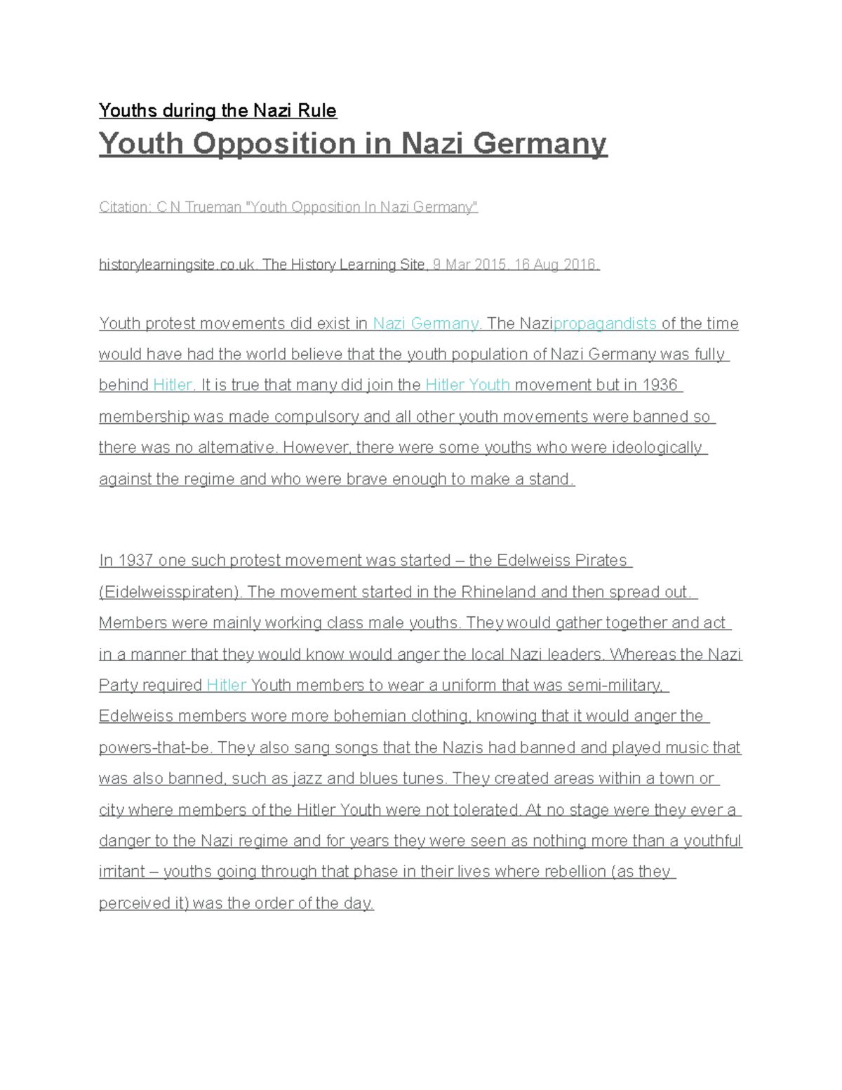 History Project - Notes - Youths during the Nazi Rule Youth Opposition ...