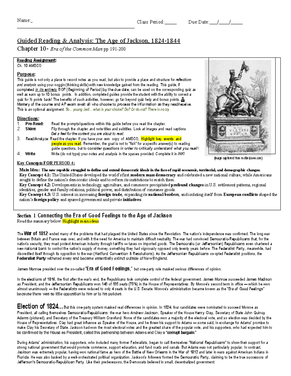 Amsco Chapter 10 Guided Reading (Unit 6) - Name: Class Period: Due Date: / / Guided Reading ...