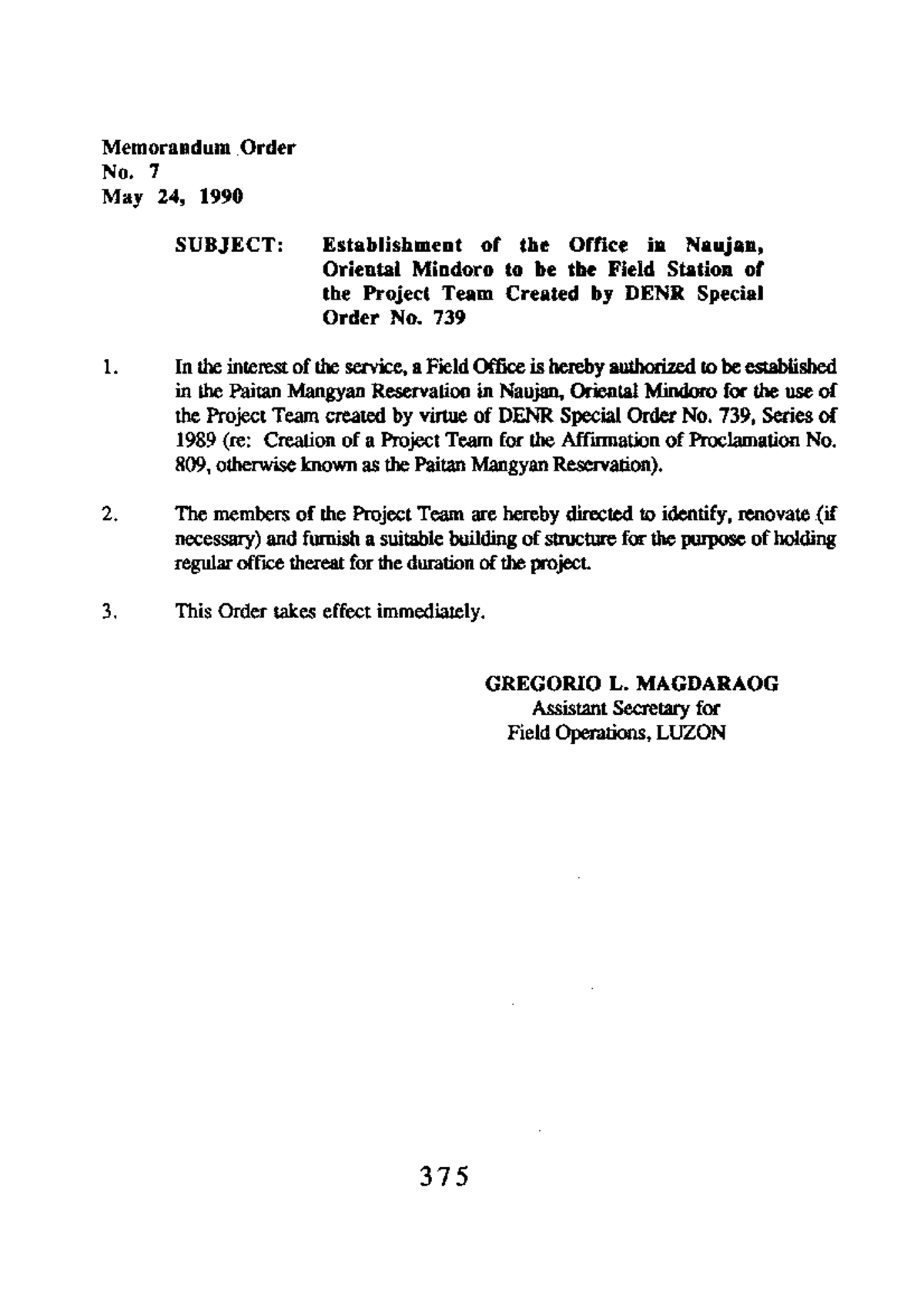 Establishment of an Office in Naujan, Oriental Mindoro to be the Field ...