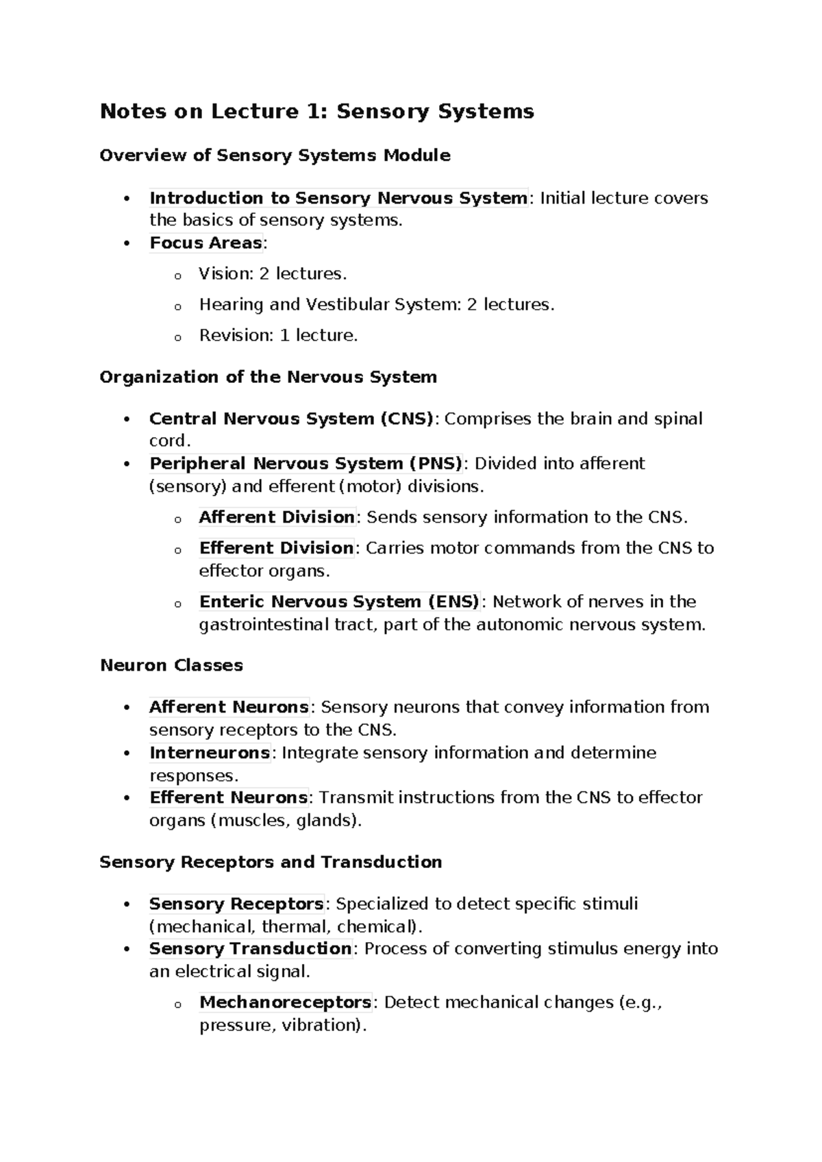 BIOM2011 Sensory - Notes on Lecture 1: Sensory Systems Overview of ...