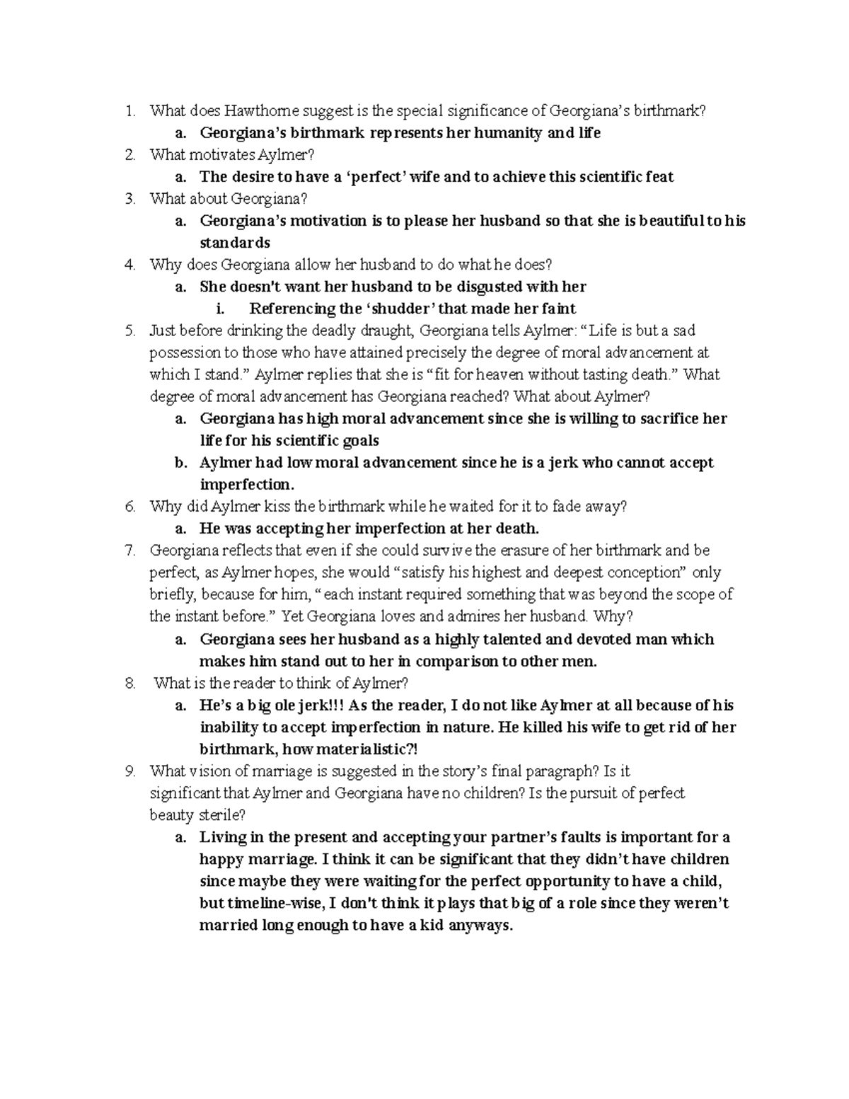 Birth mark reading questions - What does Hawthorne suggest is the ...