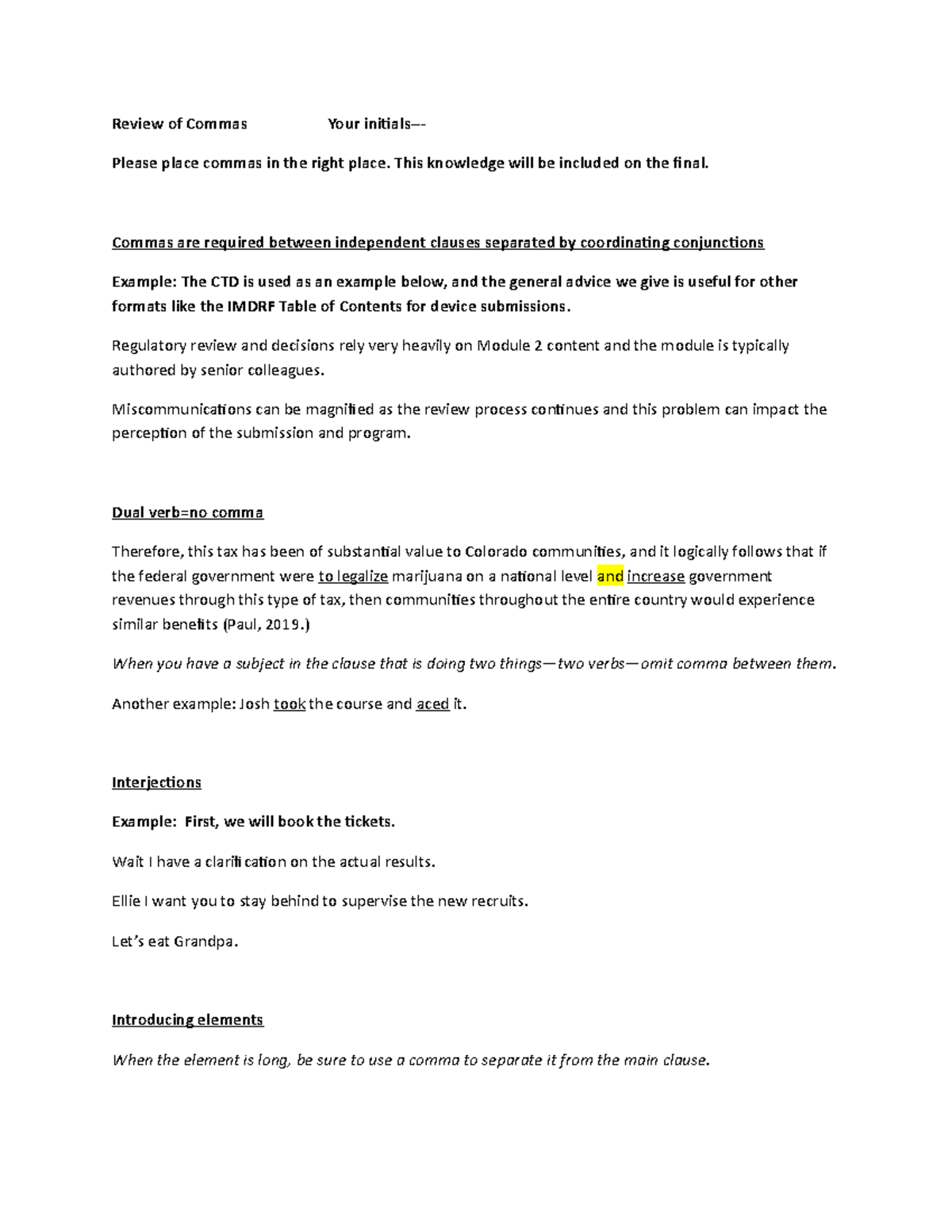 Commas Worksheet 2021 - Review of Commas Your initials- Please place ...