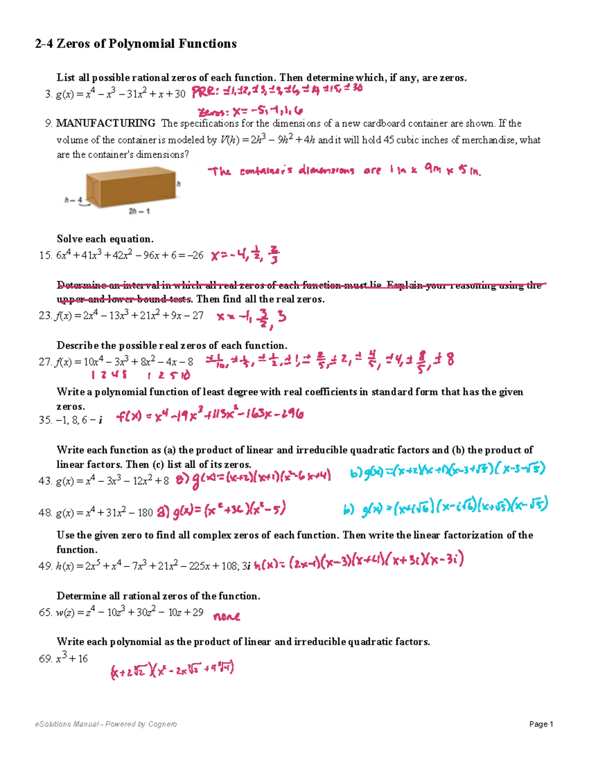 2.4 HW - Zeros of Polynomial Functions Key - List all possible rational ...