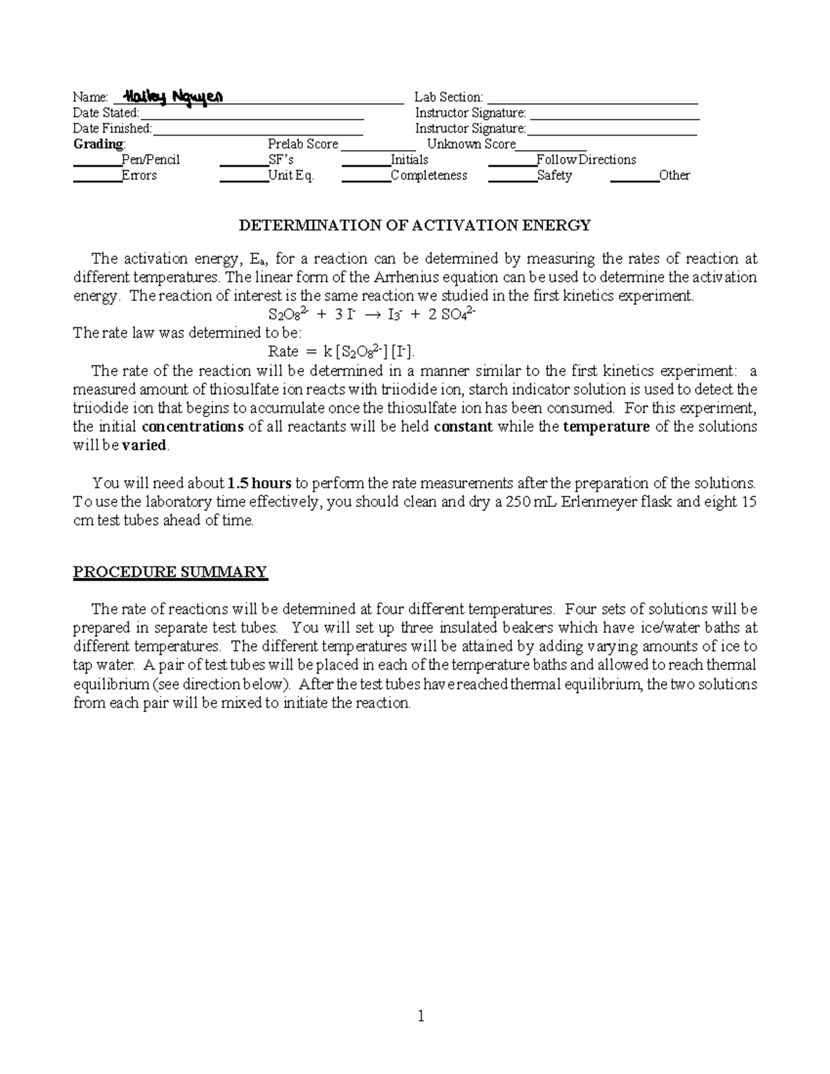 Activation Energy Online Lab - Name ...