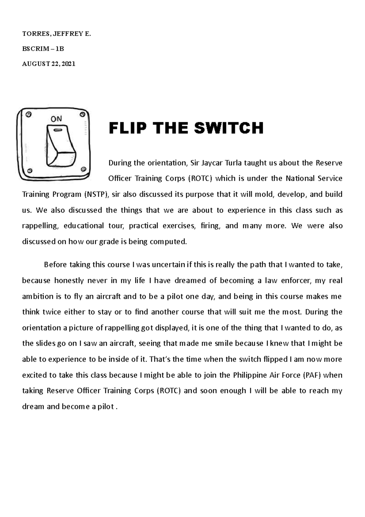 Switch - Lecture notes 1 - TORRES, JEFFREY E. BSCRIM – 1B AUGUST 22 ...