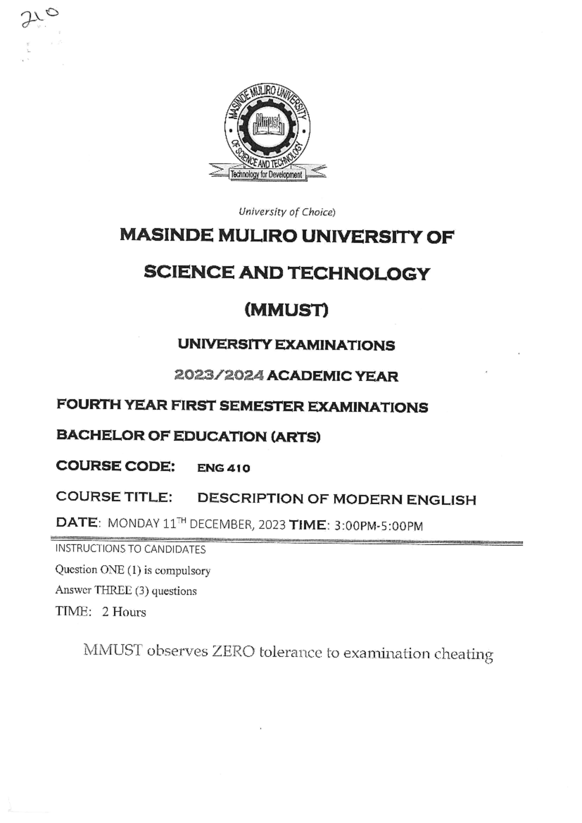 ENG 410 Description OF Modern English - 210 MULIRO JAMES UNIVERSITY ...