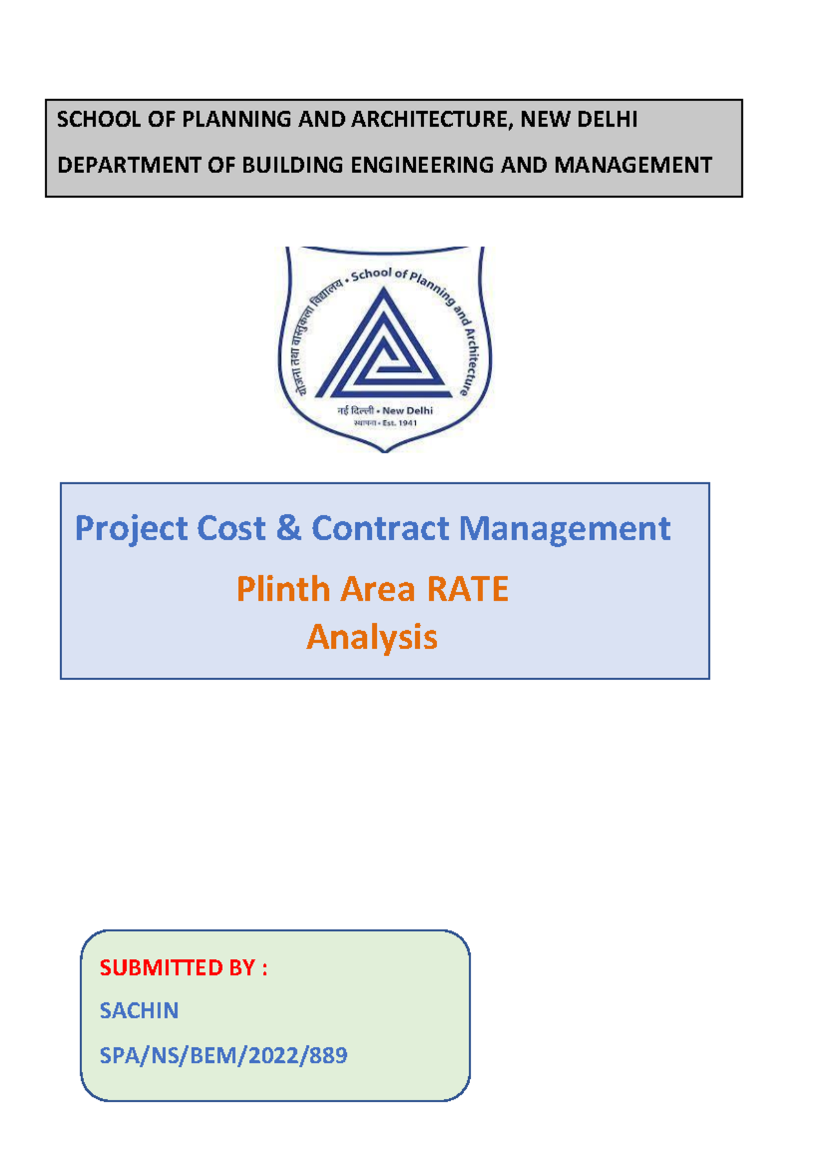 Plinth Area Rates Assignment - SCHOOL OF PLANNING AND ARCHITECTURE, NEW ...