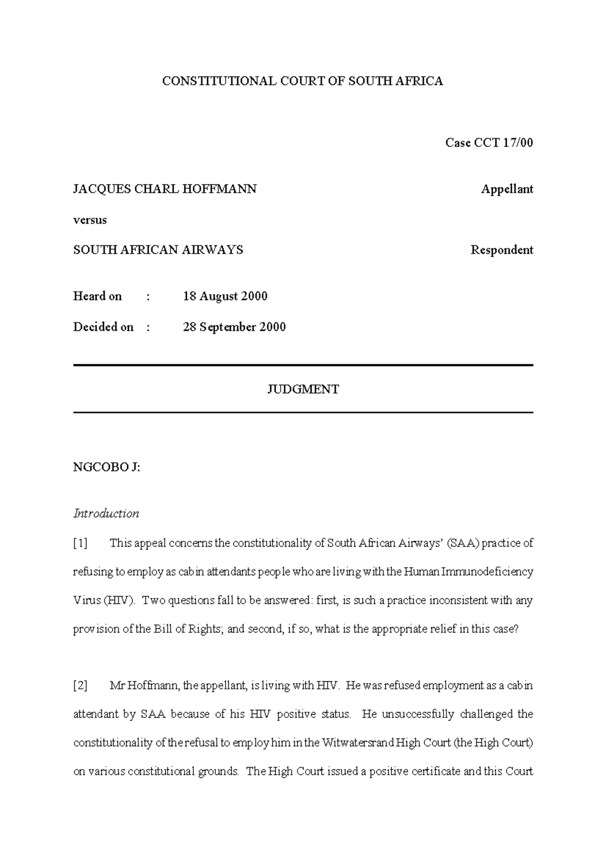 SAA vs Hofman IOPS 121 - CONSTITUTIONAL COURT OF SOUTH AFRICA Case CCT ...