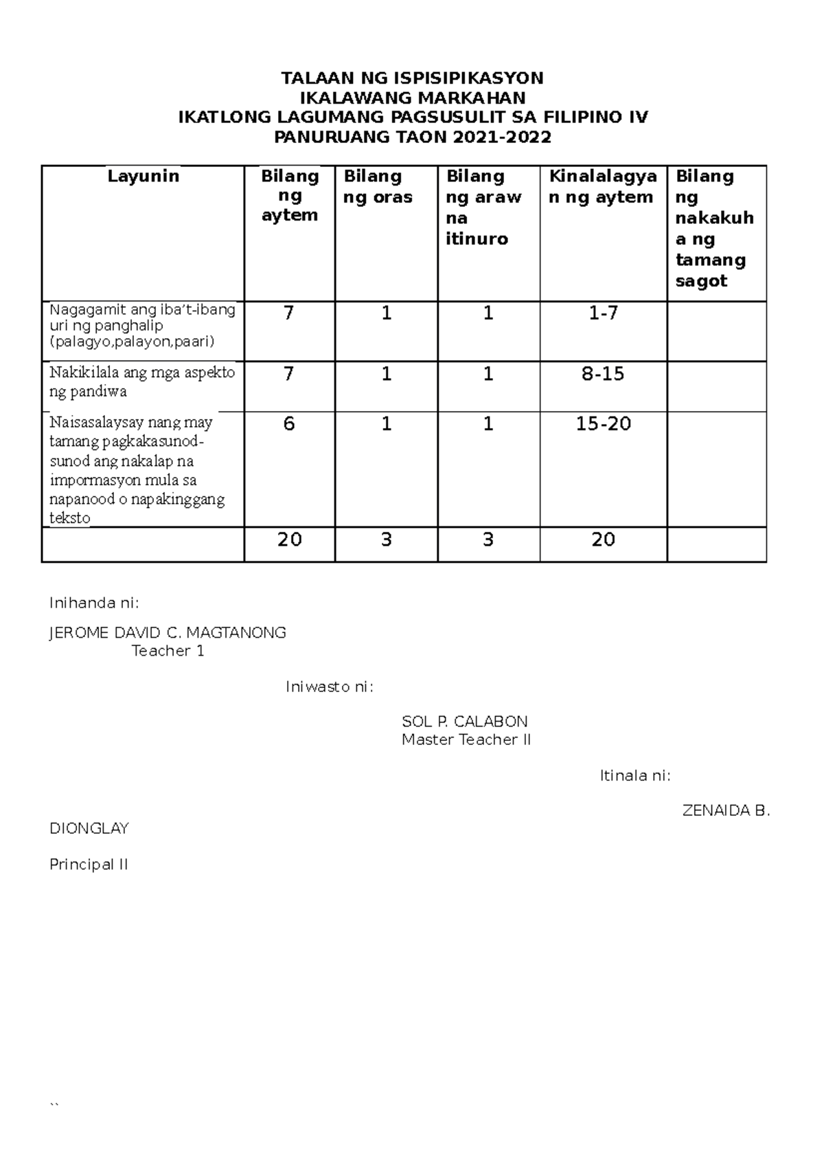 Revised 3RD- Summative-Q2 Filipino-WITH-TOS-1-1 - TALAAN NG ...