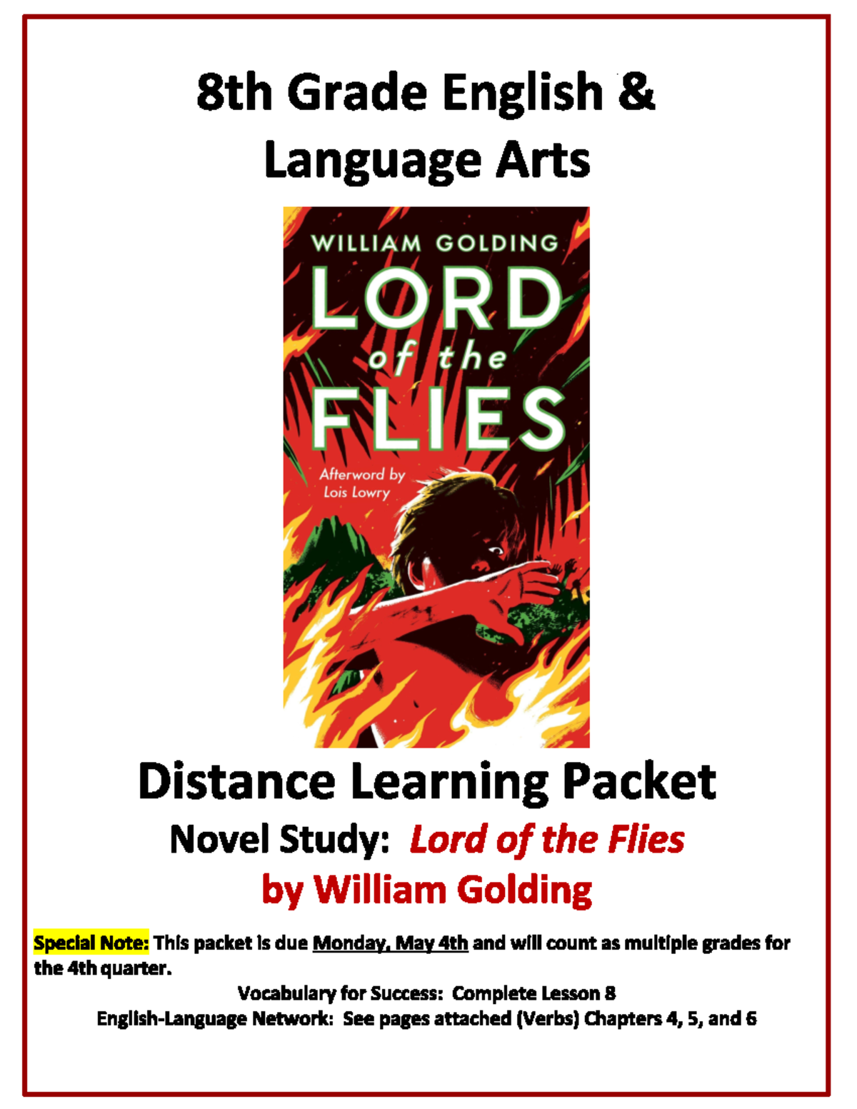 8th Grade Packet 3 Lord of the Flies Phase 3 Distance Learning Revised ...