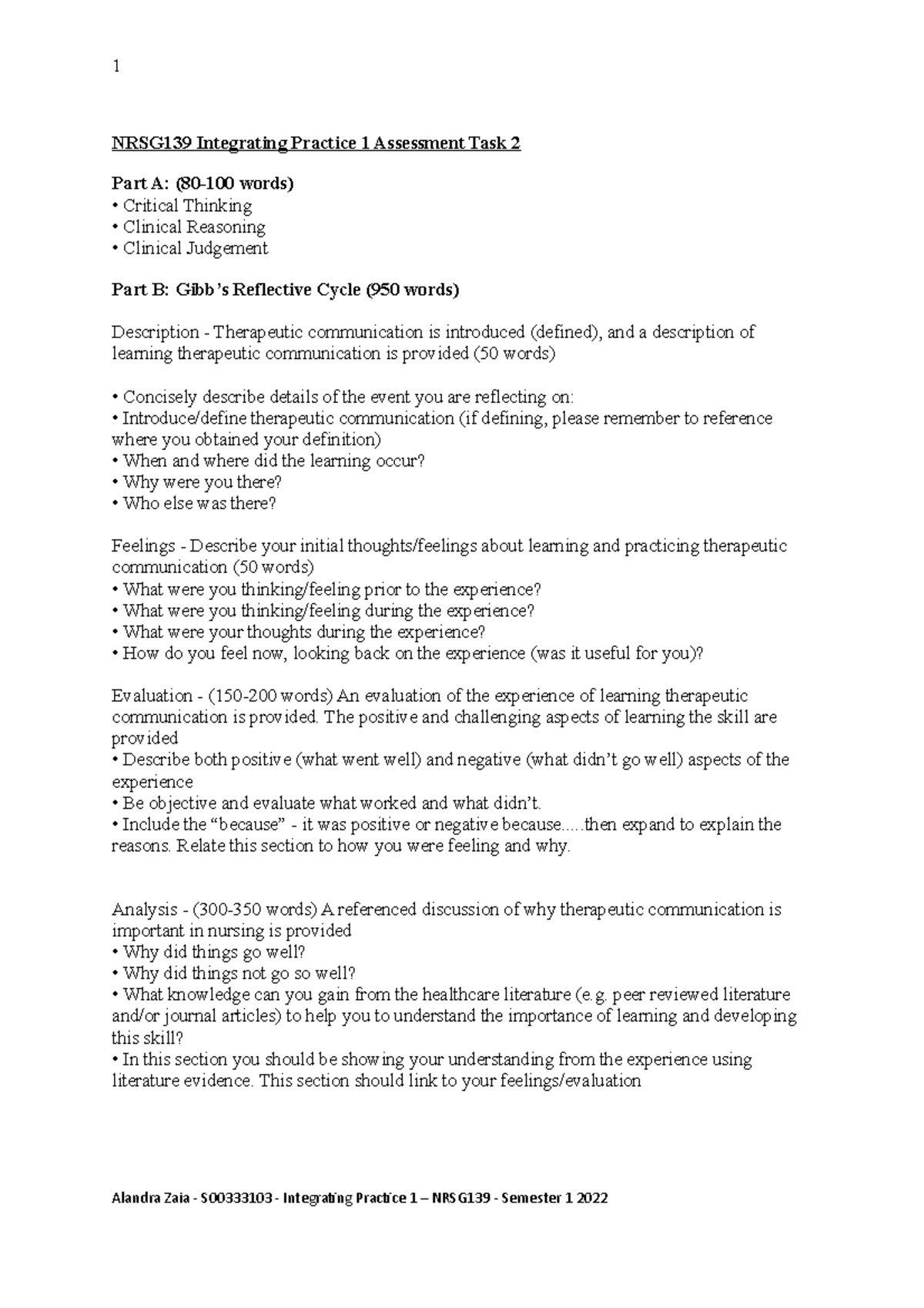 A2 NRSG139 - 1 NRSG139 Integrating Practice 1 Assessment Task 2 Part A ...