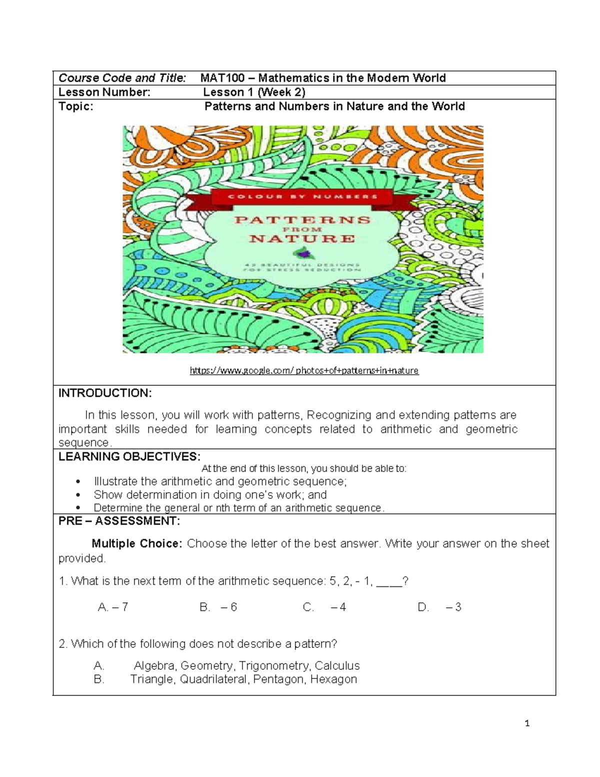 1 Module in Mathematics in the Modern World Patterns - Course Code and ...