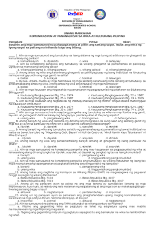 Filipino Summative Assessment - Tham Bhok is part of developing a ...